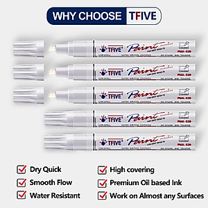 White Paint Marker Paint Pens - 5 Pack Oil Based Permanent Marker Pen, Medium Tip, Waterproof & Quick Dry, for Office, Art projects, Rock Painting, Ceramic, Glass, Wood, Plastic, Metal, Canvas