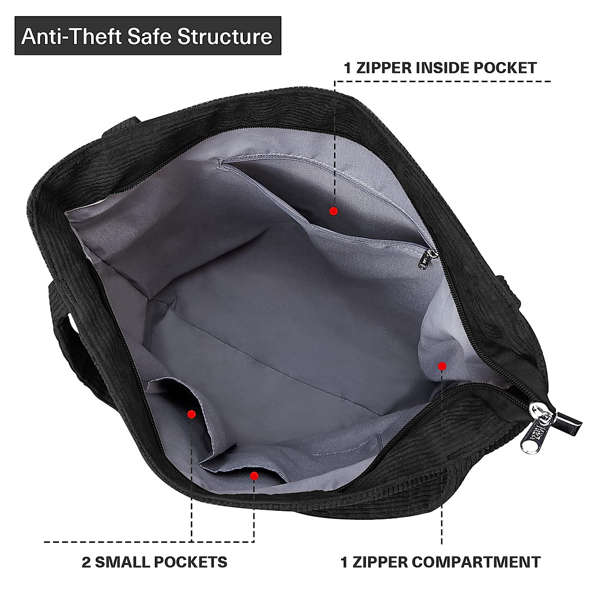 KALIDI Women Corduroy Tote Bag Large Shoulder Tote Bag with Zipper Pocket Casual Hobo Handbag Big Capacity Shopping Work Bag