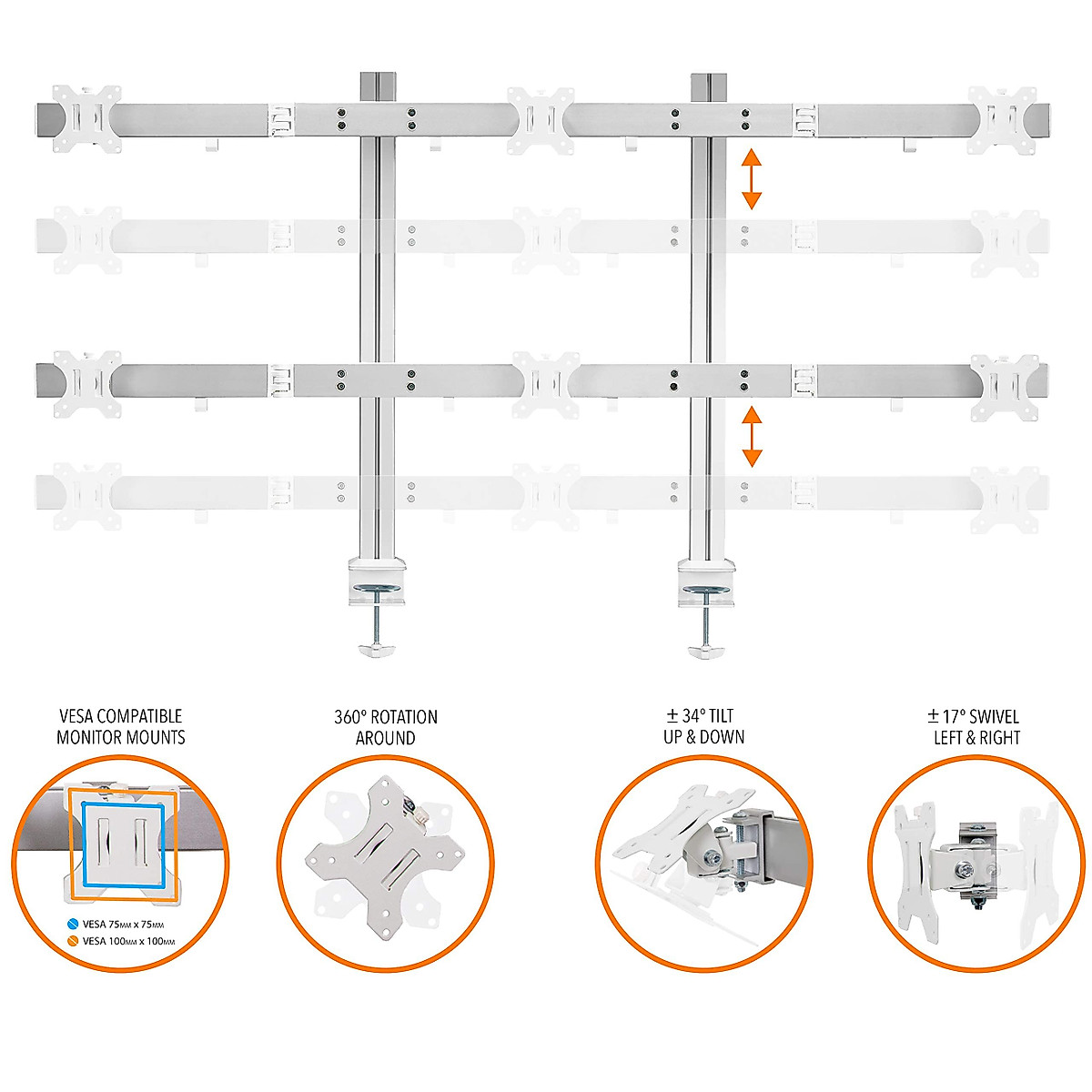 Stand Steady 6 Monitor Mount Desk Setup - Heavy-Duty Height Adjustable Monitor Stand, Swivel Arm with Clamp-On Base, 6 Screen VESA Mount Fits Most LCD/LED Monitors 17-32 in. (Silver, 6 Mounts)