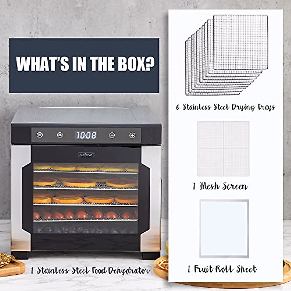 Electric Countertop Food Dehydrator Machine - 600-Watt Premium Multi-Tier Meat Beef Jerky Maker Fruit/Vegetable Dryer w/ 6 Stainless Steel Trays, Digital Timer, Temperature Control - NutriChef