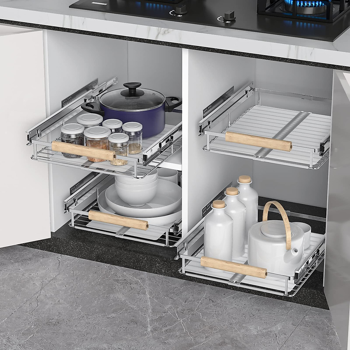 GNEOUS Greal Expandable Cabinet Pull Out Basket Heavy Duty Slide Out Pantry Shelves Under Sink Organizers And Storage For Kitchen, Bathroom, Wardrobe, Cupboard, Adjusted Width 11.8"-18", 1 Pack