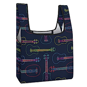 Pop Colorful Line Art Hawaiian Ukulele Printed Reusable Grocery Bag with Handle Foldable Shopping Tote Bags Portable for Supermarket Camping