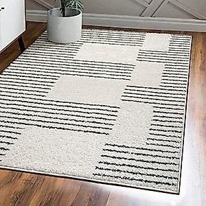 JONATHAN Y MOH407A-5 Petra Abstract Stripe Geometric Shag Indoor Area-Rug Bohemian Contemporary Glam Easy-Cleaning Bedroom Kitchen Living Room Non Shedding, 5 X 8, White/Black
