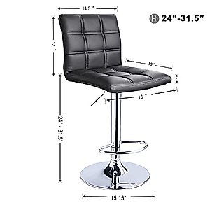 Leopard Modern Square PU Leather Adjustable Bar Stools with Back, Set of 2, Counter Height Swivel Stool, Barstools for Kitchen Counter (Black)