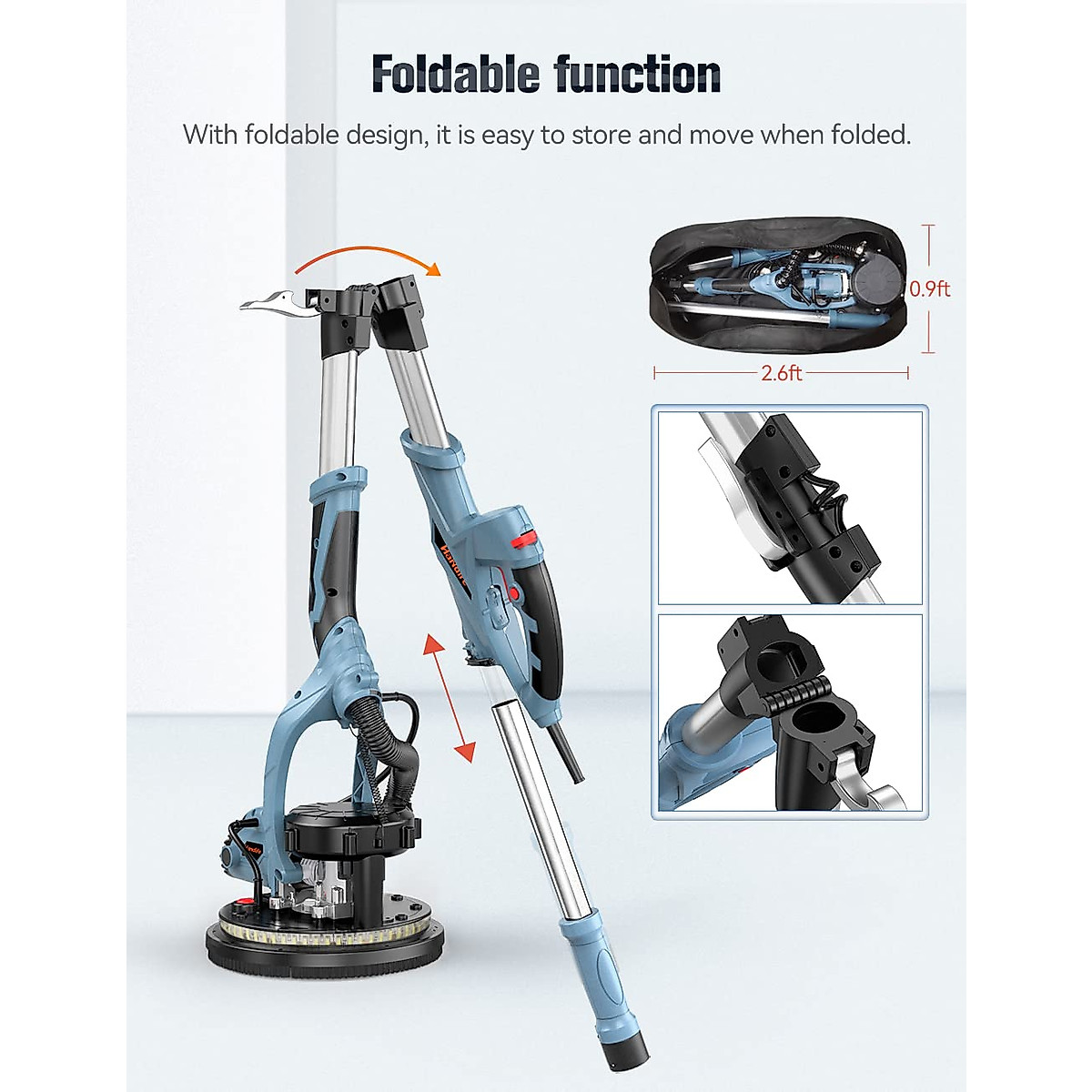 Handife Drywall Sander 800W 7A Drywall Sander with Vacuum Auto Dust Collection, Variable Speed 800-1800RPM Drywall Power Sander with Double-Deck LED Lights, Extendable Handle, Carrying Bag