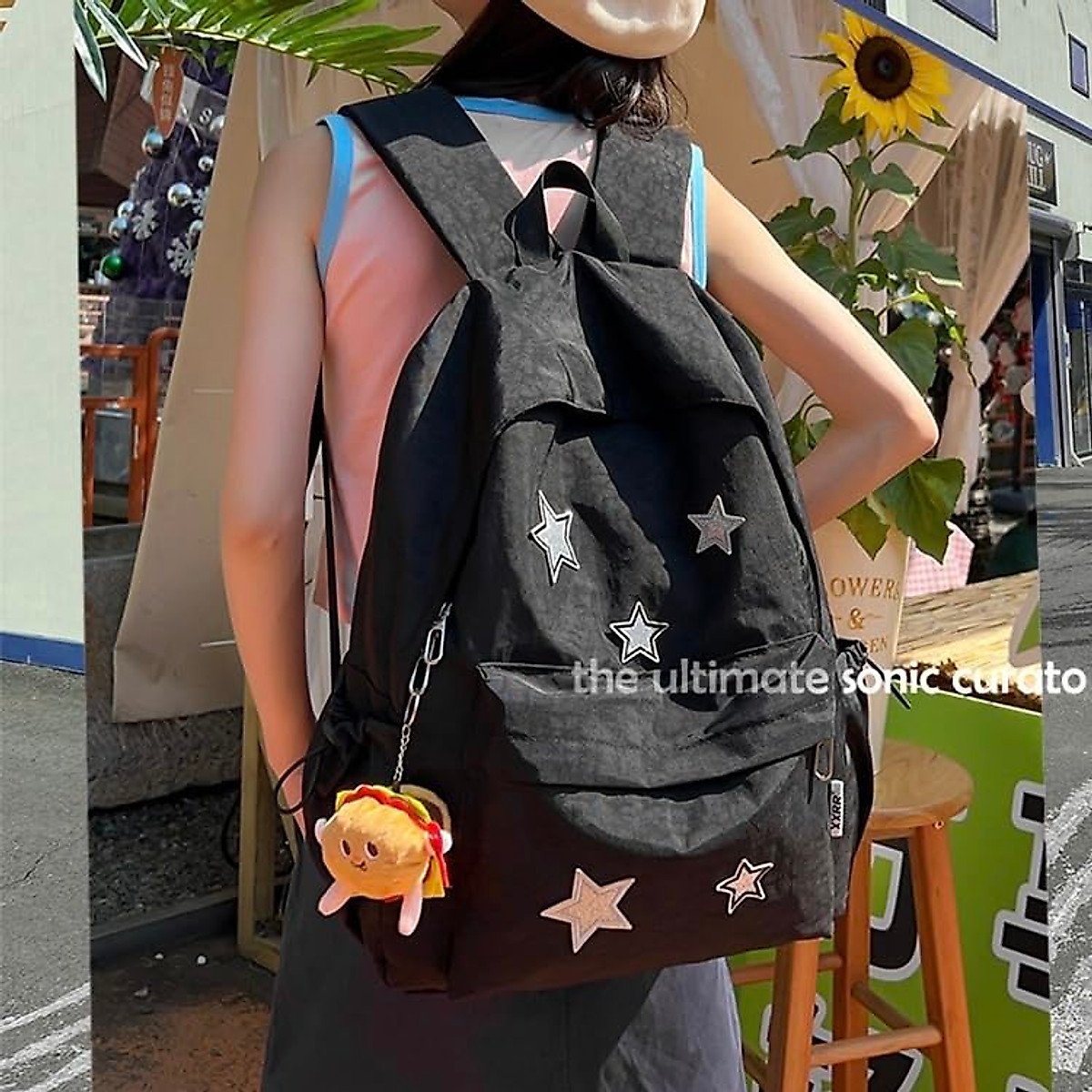 UIVXXUD Kawaii Backpack with Cute Accessories - Waterproof Nylon, Multiple Compartments, and External Pockets (Black)