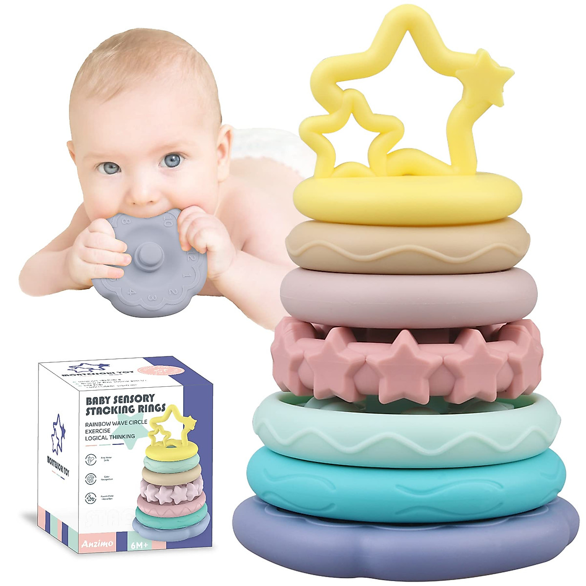 Baby Sensory Teething Toys - Baby Teether Montessori Toys - Gifts for Infant Newborn Boys Girls 6 9 12 18 Months 1 One Year Old - Stacking Rings Bath Toys - Toddler Educational Learning Toys