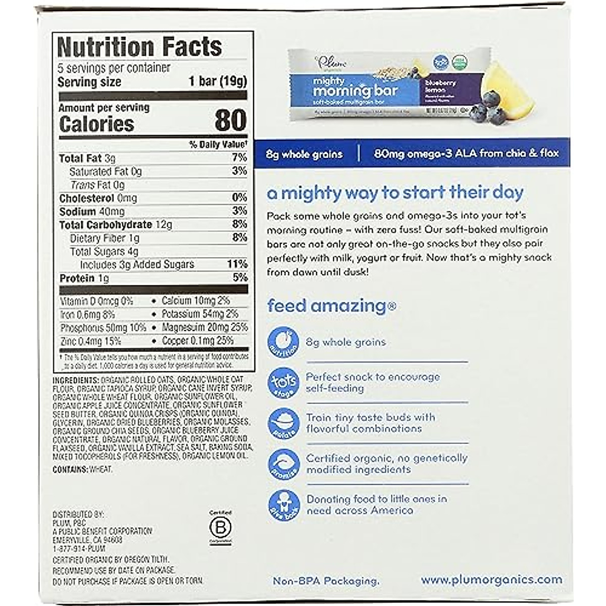 PLUM ORGANICS Organic Blueberry Lmn Toddler Snack Bars, 0.67 Ounce (Pack of 5)