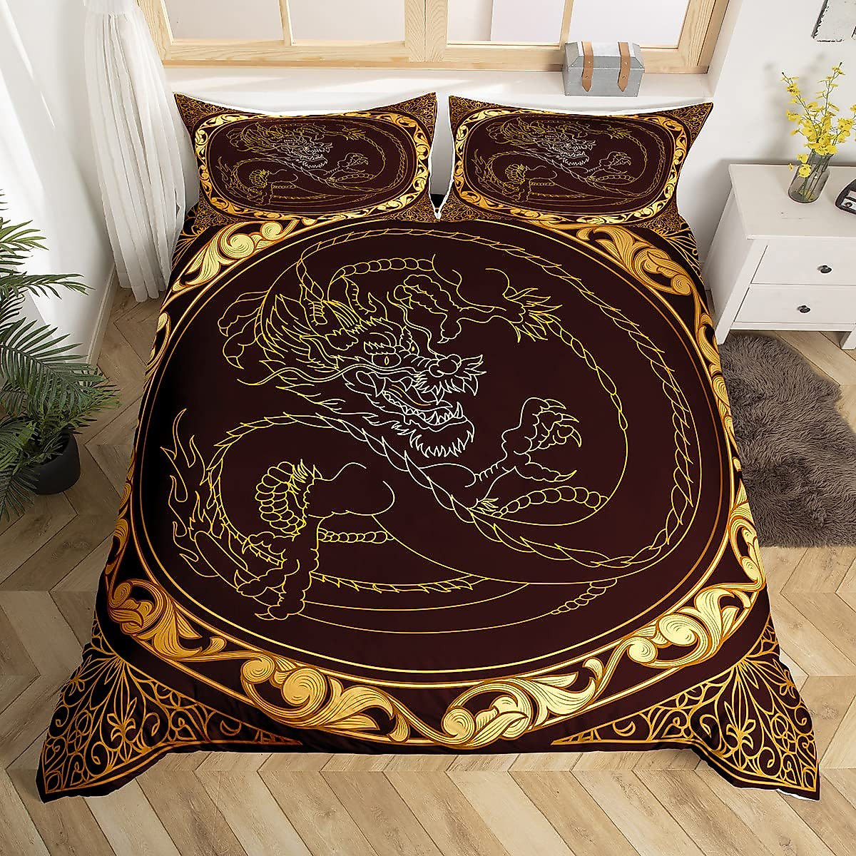 Dragon Bedding Set King Size,Chinese Snake Dragon Theme Duvet Cover Set for Kid Teen Boys Girls,Dragon Pattern Comforter Cover Decorative Room,Chinese Culture Quilt Cover with 2 Pillowcases