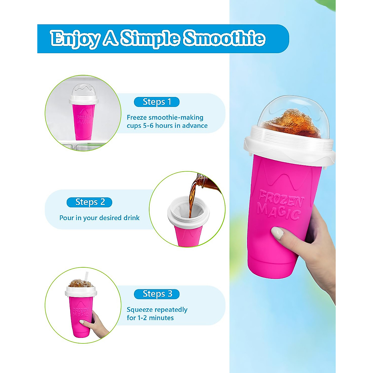 Slushy Maker Cup, DIY Magic Slushy Maker Squeeze Cup, Portable Smoothie Squeeze Cup for Juices, Milk and Ice Cream Make, Double Layers Silica Cup with Lid & Straw for Kids, Friends, Family (Pink)1