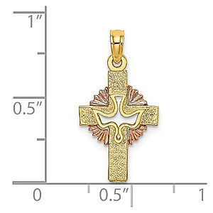 Solid 14k Yellow and White Gold Two Tone and Cut-Out Dove On Cross Charm Pendant - 23mm x 13mm