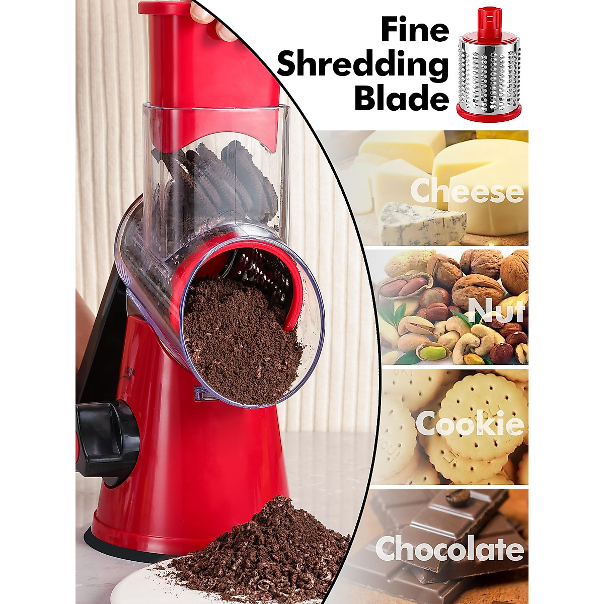 LucGee Rotary Cheese Grater with Handle - 3 in 1 Cheese Shredder Rotary Grater Stainless Steel Handheld, Vegetable Slicer for Fruit, Cheese, Nuts(Red)