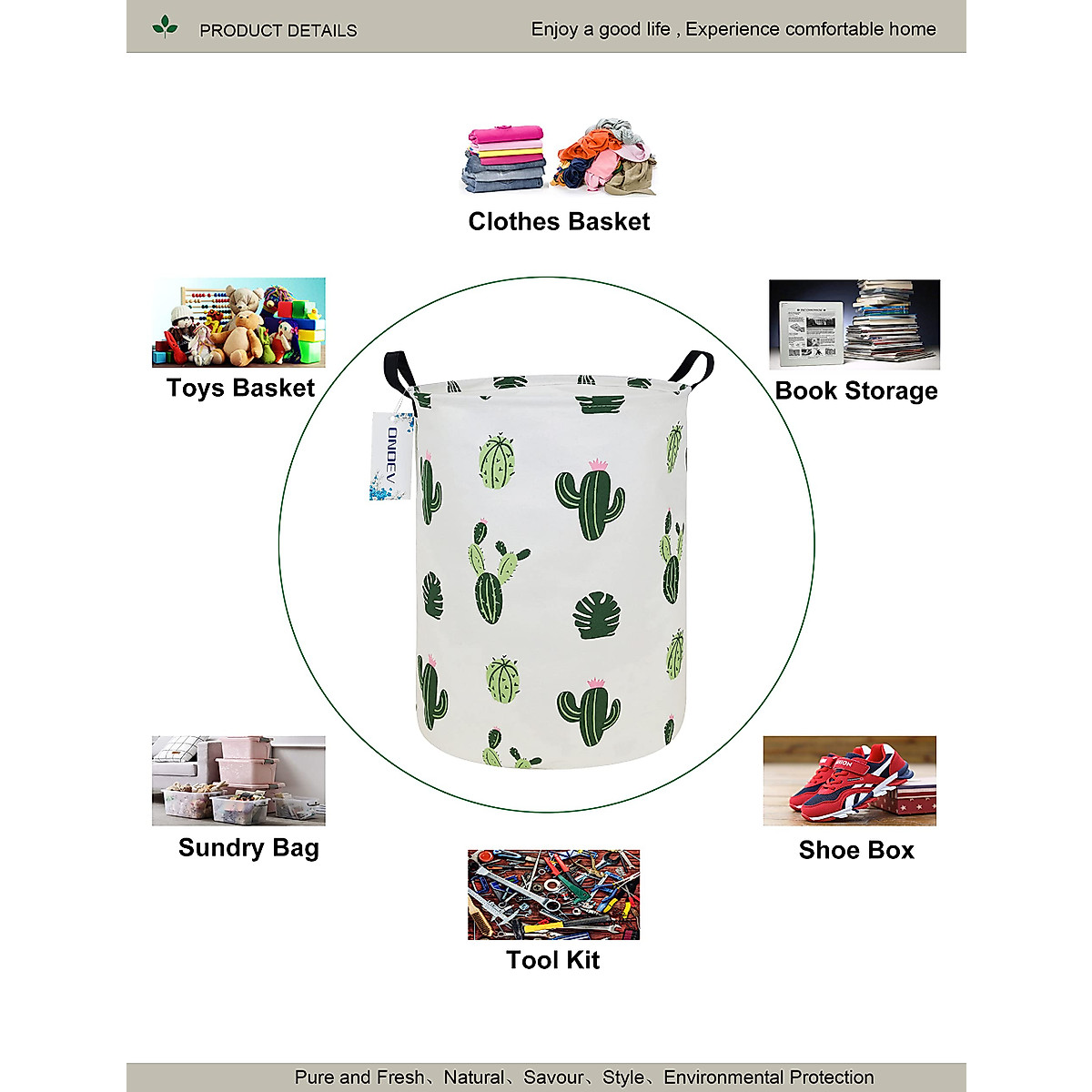 ONOEV Round Fabric Storage Bin,Decorative Basket,Organizer Basket with Handles,for Clothes Storage,books and sundries (Green Cactus), 19.7inch(H) x 15.7inch(D)