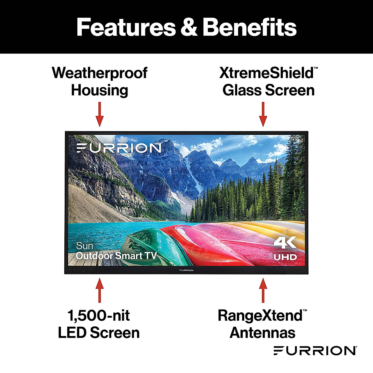 Furrion Aurora 55-Inch Sun 4K UHD LED Smart Outdoor TV - Weatherproof Outdoor Television with HDR10, Anti-Glare, 1,500-Nit LED Screen, Impact-Resistant Screen, External Antenna for Sunny Outdoor Areas