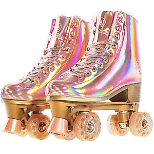 JajaHoho Roller Skates for Women, Holographic High Top PU Leather Rollerskates, Shiny Double-Row Four Pink Glitter Wheels Quad Skates for Girls and Age 8-50 Indoor Outdoor (Size 7, Rose Gold)