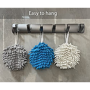 iMaylex 3 Pack Chenille Fuzzy Ball Hand Towels, Quick Dry and High Absorbent Microfiber Hand Towels with Hanging Loops for Kitchen Bathroom, 7" x 7", White & Blue & Grey