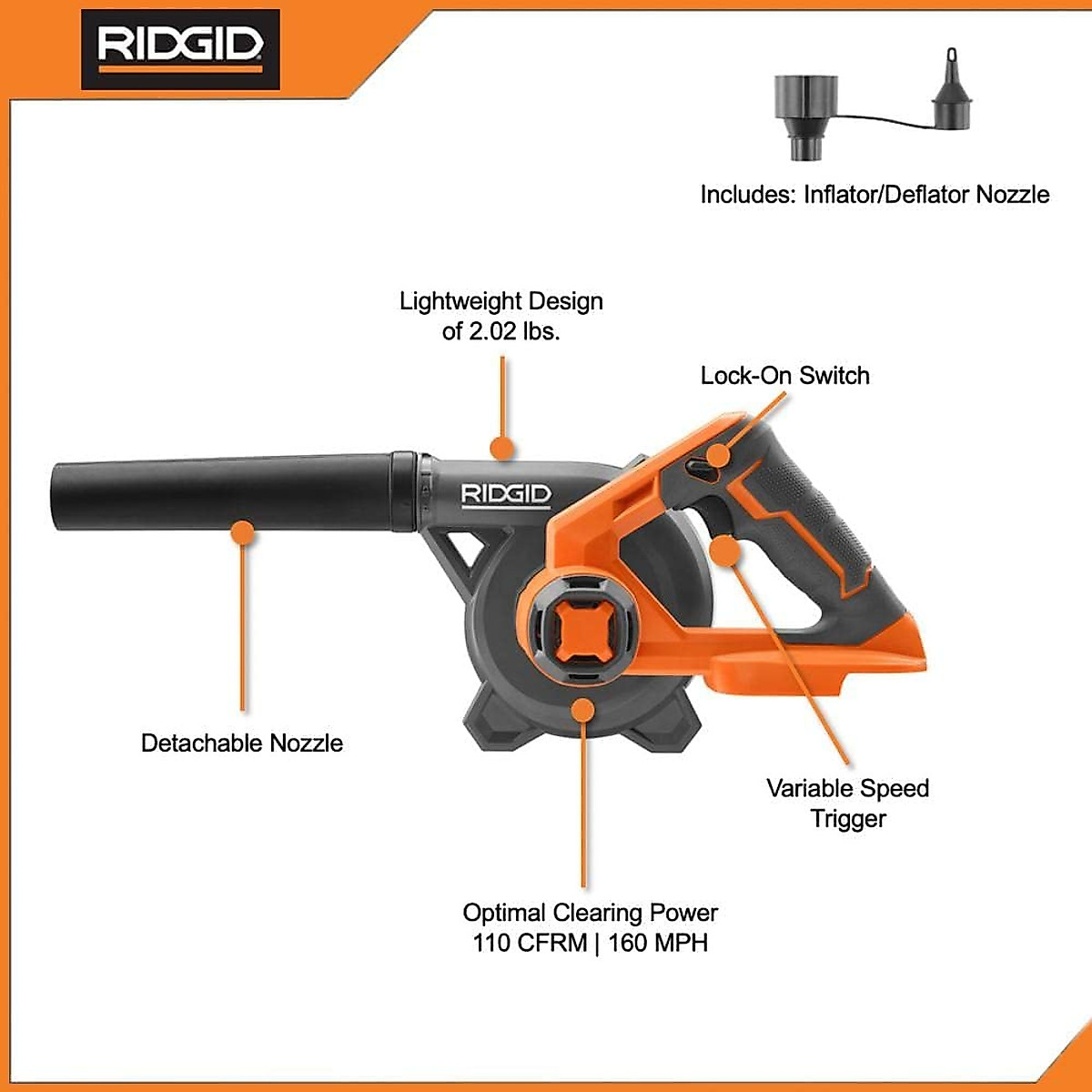 18V Lithium-Ion Cordless Compact Jobsite Blower with Inflator/Deflator Nozzle