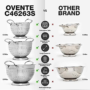 Ovente Premium Stainless Steel Colander Set of 3 Deep Kitchen Strainer, Dishwasher Safe 1.5, 3 & 5 Quarts Metal Bowl Drainer with Handle for Pasta, Fruit, Noodle, Meal Prep, Silver C46263S