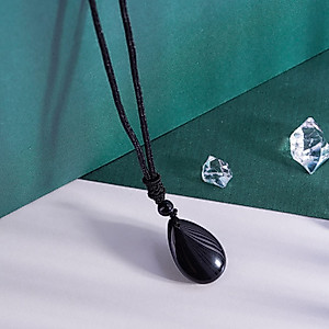 TIKCAUZ Black Obsidian Teardrop Necklace Natural Healing Crystal Stone Pendant with Adjustable Rope Gemstone Handmade Jewelry for Women Men