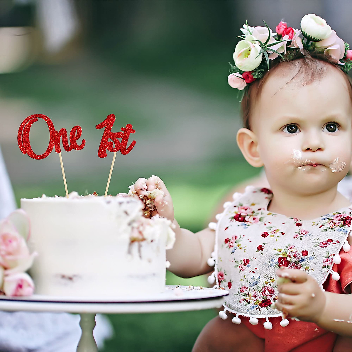 Gyufise 24Pcs 1st Birthday Cupcake Toppers Glitter First Birthday One Cupcake Picks for Baby Shower 1st Birthday Party Cake Decorations Supplies Red