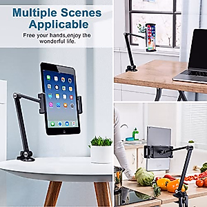 ZEXMTE Tablet Stand Holder, Adjustable Desktop Tablet Holder Mount Foldable Phone Stand with 360° Swivel Phone Clamp Mount Holder,Stable Tablet Stand for iPad 4.7-12.9" Tablets/Phones-Black