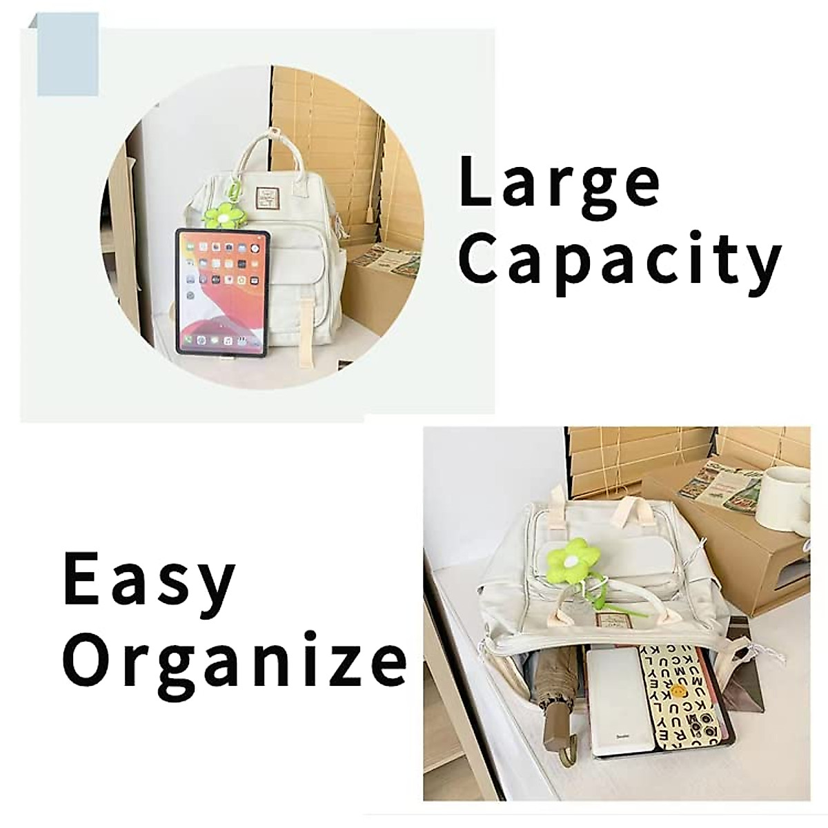 Kawaii Aesthetic Back to School Backpack for Girls and Boys Fashion School Bag in 3 Colors White (White)