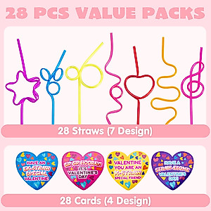 JOYIN 28 Pack Valentines Day Gift Cards with Gift Colorful Crazy Loop Reusable Drinking Straws for Classroom Exchange Prizes, Valentine Party Favors Toy