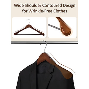 AMKUFO Wide Shoulder Wooden Hangers 8 Pack Coat Hangers with Non Slip Pants Bar, Heavy Duty Suit Hangers Wood Clothes Hangers with Smooth Finish 360° Swivel Hook for Sweater Jackets Shirts Walnut