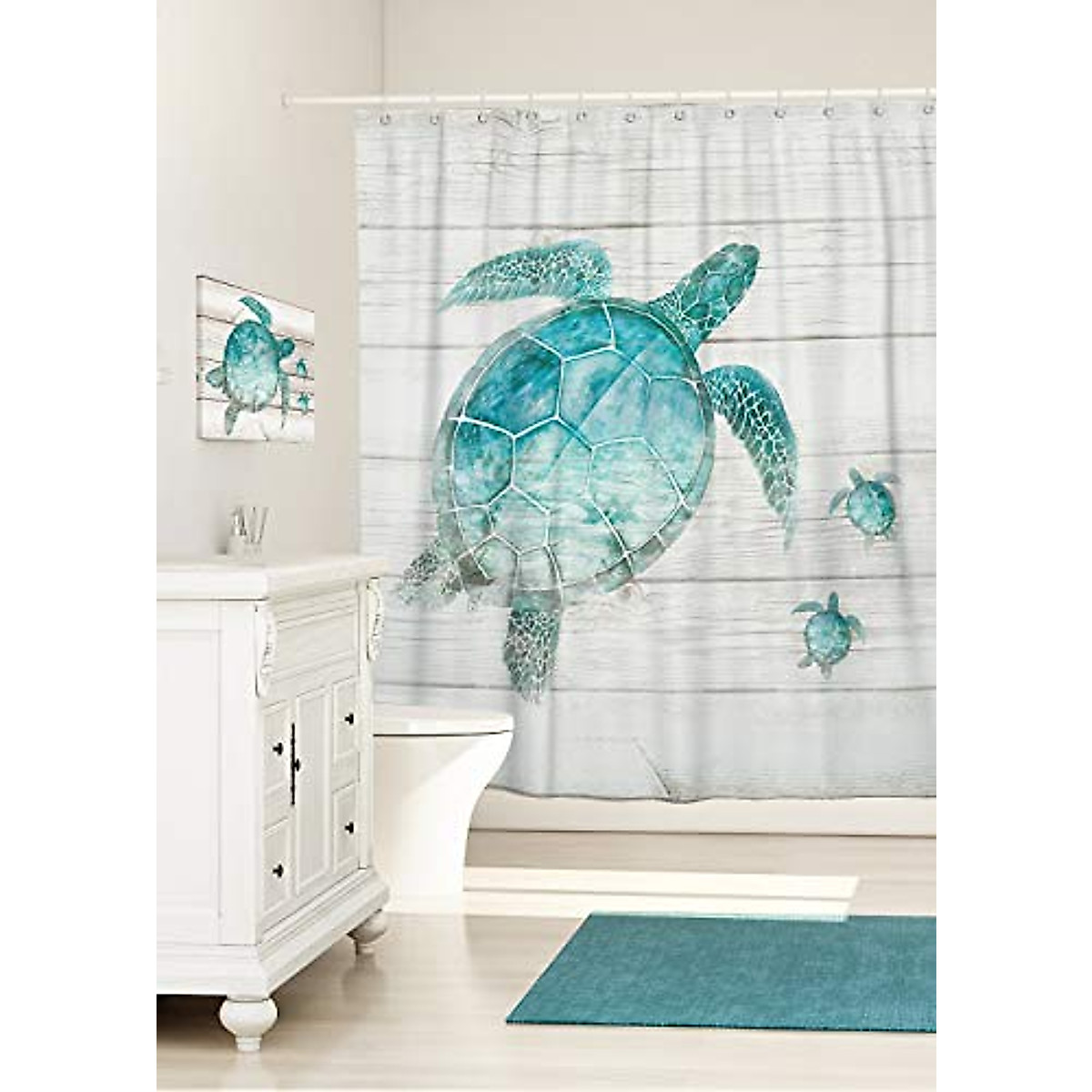 SUMGAR Blue Ocean Shower Curtain for Bathroom Coastal Beach Decoration Teal Sea Turtle Curtain Set with Hooks, 72 x 72 inch