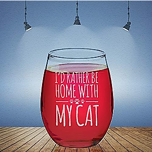 Veracco I'd Rather Be Home With My Cat Stemless Wine Glass Funny Birthday For Cat Mom Crazy Cat Lady Animal Lover Rescue Mom (Clear, Glass)