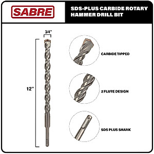 Sabre Tools 3/4 Inch x 12 Inch SDS Plus Rotary Hammer Drill Bit, Carbide Tipped for Brick, Stone, and Concrete Version 2 (3/4" x 10" x 12")