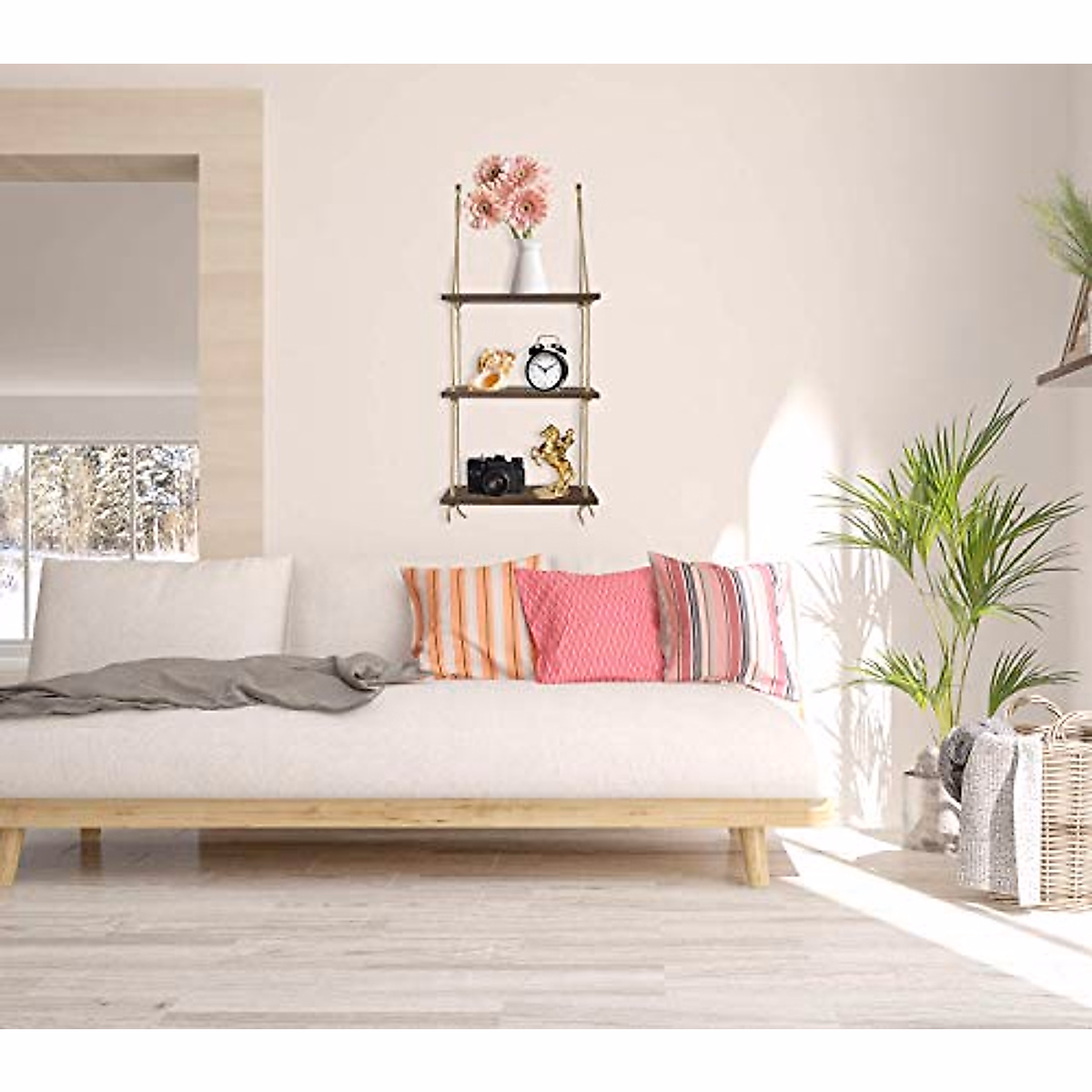 Greenco Decorative Rustic Jute Rope Wall Hanging Floating Shelves, Distressed Wood, 3 Tier .