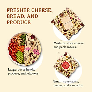 Bee's Wrap Reusable Beeswax Food Wraps Made in the USA, Eco Friendly Beeswax Wraps for Food, Sustainable Food Storage Containers, Organic Cotton Food Wraps, Assorted 3 Pack (S, M, L), Vegan