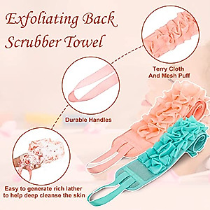 2 Pack Exfoliating Back Scrubber Double Sided Exfoliating Cloth with Strap Long Body Scrub Sponge Shower Loofah with Handle for Women Men Deep Clean Body Washing (Pink, Blue, Soft Cloth)
