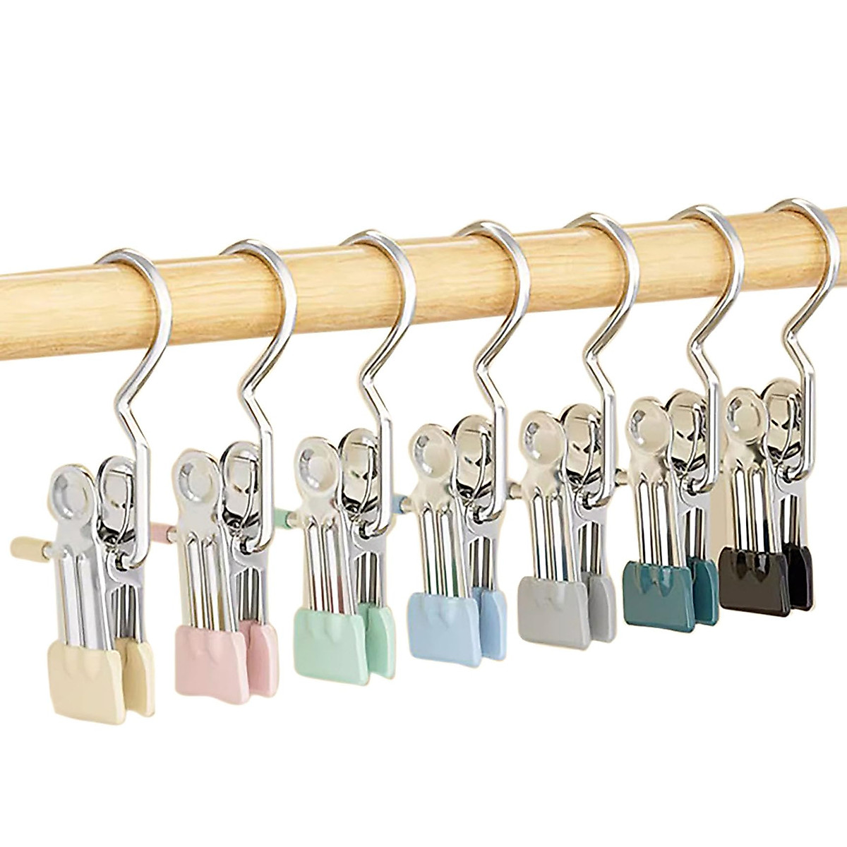 Clothes Pins Clips with Hook, 10 Pcs 2.2 Inch Stainless Steel High Elasticity Good Persistence for Clothes, Wardrobe Hooks, Socks, Hat, Tie (10)