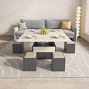 GlimBiz Modern Double Lift Top Adjustable Coffee Table with 4 Storage Stools for Living Room, Multifunctional Movable Extendable Dining Center Table for Small Spaces,Dark Gray(47.24")