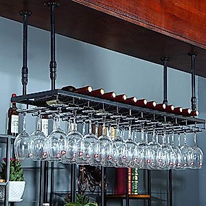 Ceiling Wine Rack Suspension Wine Bottle Rack Bar Wine Glass Rack European Style Goblet Holder J1011, PIBM, Black, L100×W30cm