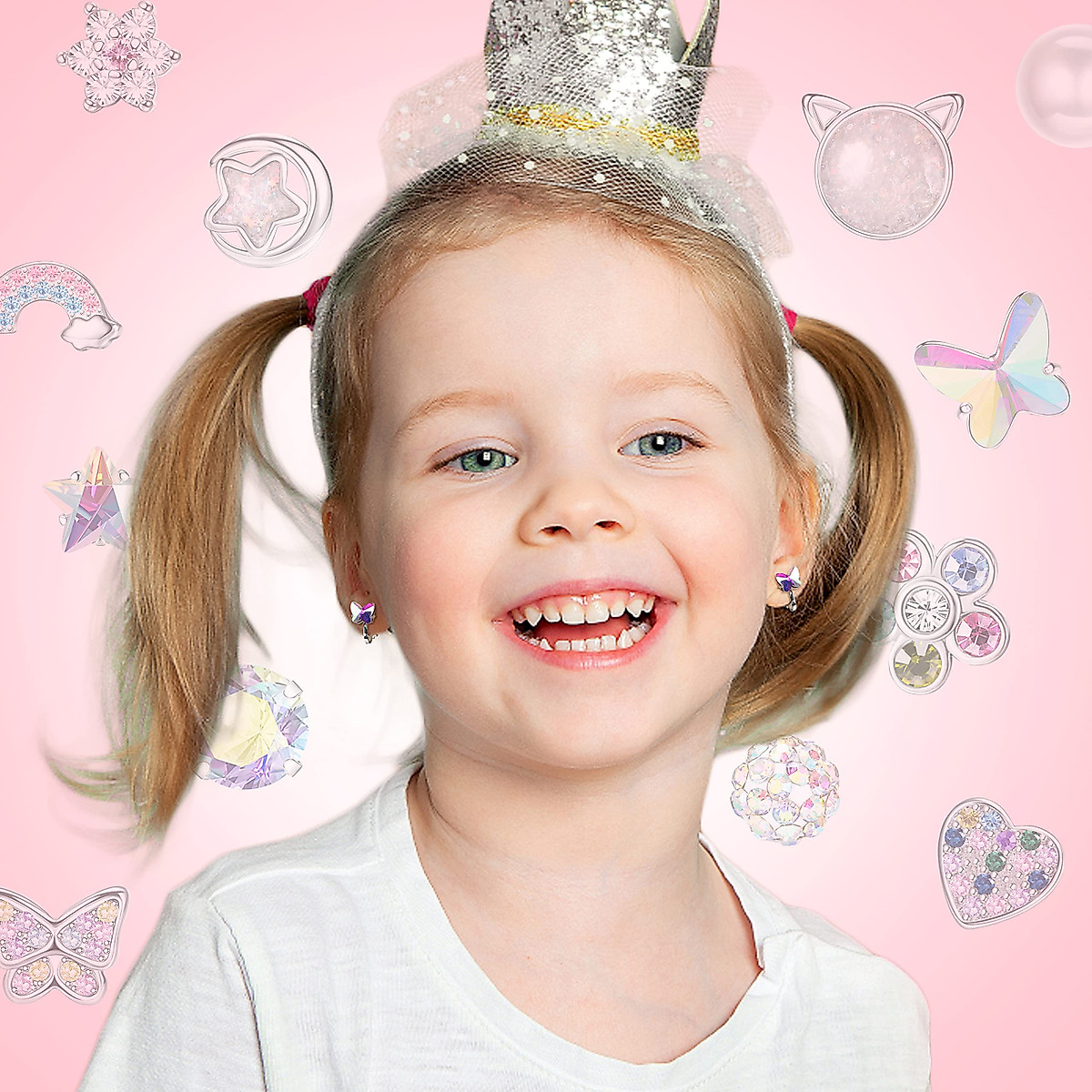 CASSIECA 12 Pairs Cute Clip on Earrings for Women Hypoallergenic Butterfly Flower Pearl Rainbow CZ Clip-on Earrings Women Multicolored Non-Pierced Earrings Set