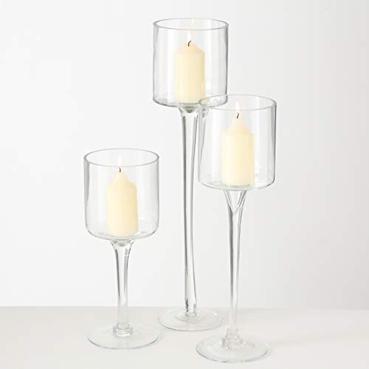 WHW Whole House Worlds Oversized Hamptons Long Stem Goblet Candle Holders, Set of 3, Centerpiece, Crystal Clear Glass, 19.75, 15.75, 11.75 Tall, 4.75 Diameter Cup for Tea Lights or Vo