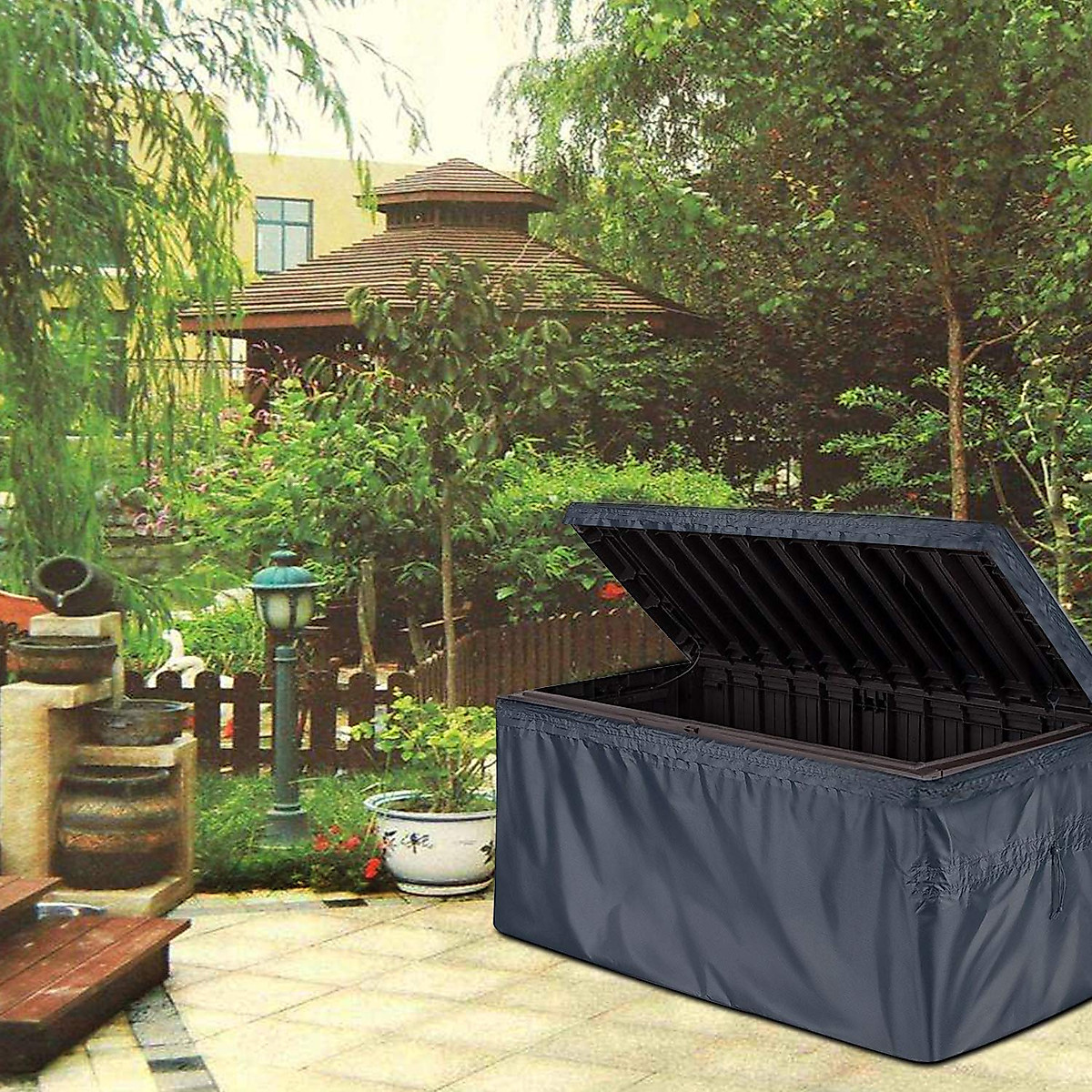 EPCOVER Patio Deck Box Cover to Protect Large Deck Boxes-Waterproof Cover with Zipper and Handles (52" L x 28" W x 27" H)