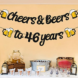 46th Birthday Decorations Cheers & Beers to 46 Years Banner for Men Women 46s Birthday Backdrop Wedding Anniversary Party Supplies Black Glitter Decorations Pre Strung