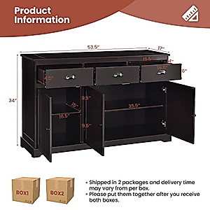Giantex Sideboard Buffet Server Storage Cabinet Console Table Home Kitchen Dining Room Furniture Entryway Cupboard with 2 Cabinets and 3 Drawers Adjustable Shelves, Brown