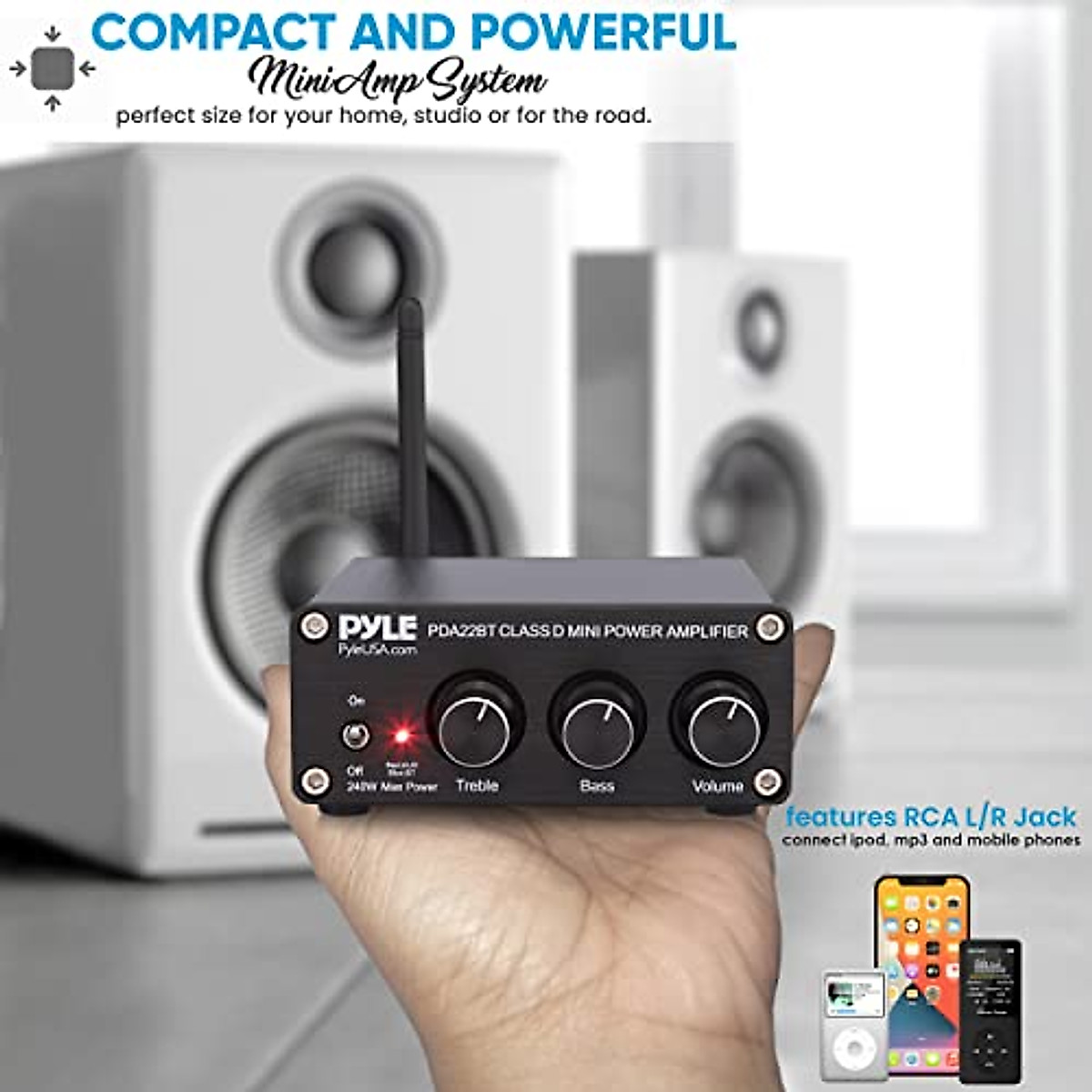 Pyle Compact Powerful Home Audio Amplifier Receiver Mini with Bluetooth 5.0 Desktop Blue Series 2 x 100 Watt for Home Speakers w/Bass &Treble Control - PDA22BT