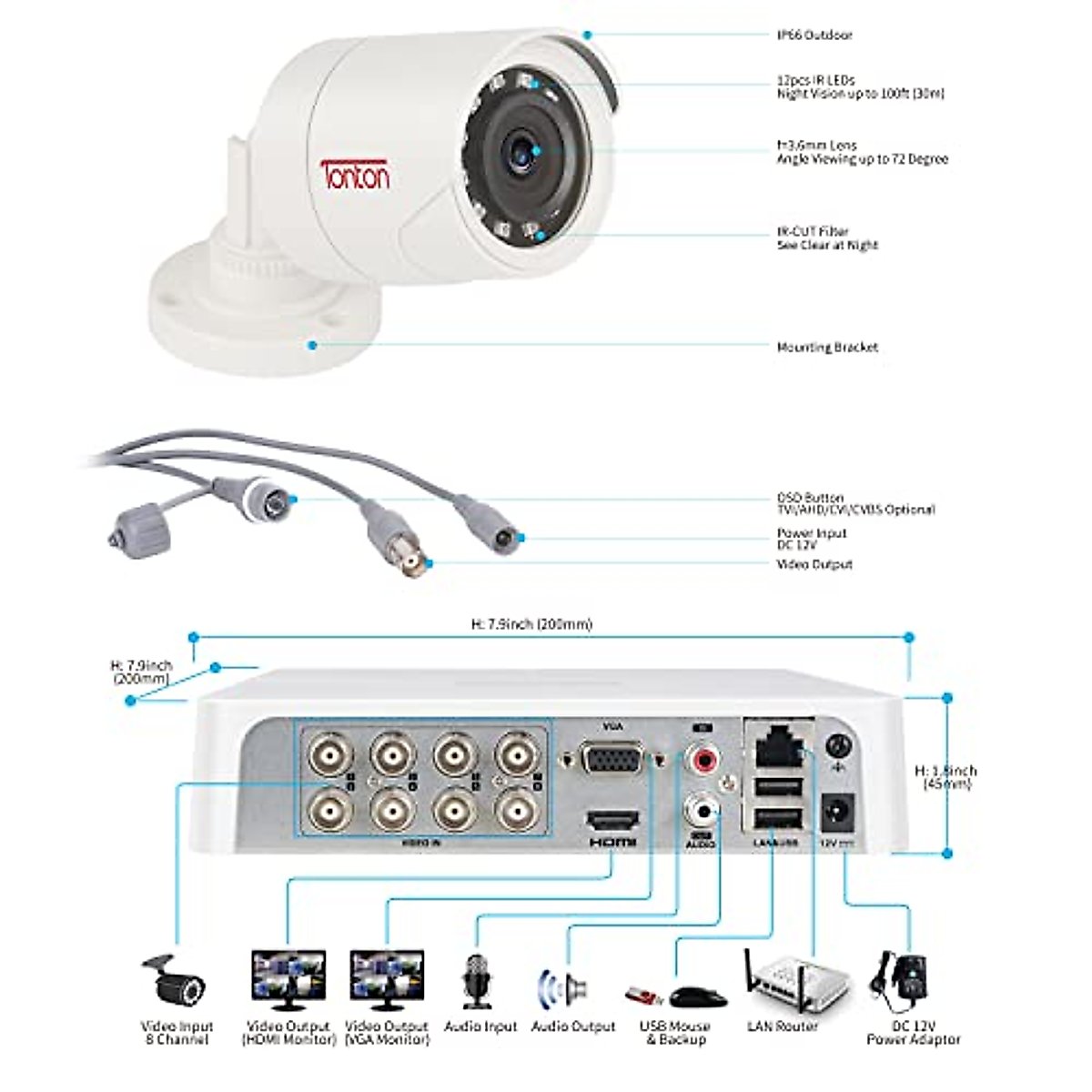 Tonton 5MP Lite 10 Channel Security Camera System,10CH H.265+ Hybrid DVR with 2TB HDD and 8PCS 2.0MP Weatherproof CCTV Bullet Cameras,Easy Remote Viewing,Motion Detection