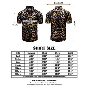 fohemr Mens Gold Chain Dress Shirts Luxury Short Sleeve Baroque Print Casual Button Down Design Buchona Shirts Green XX-Large