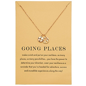 Zealmer Dainty Yellow Gold Plated Compass World Map Pendant Necklace Graduation Gift for Friends