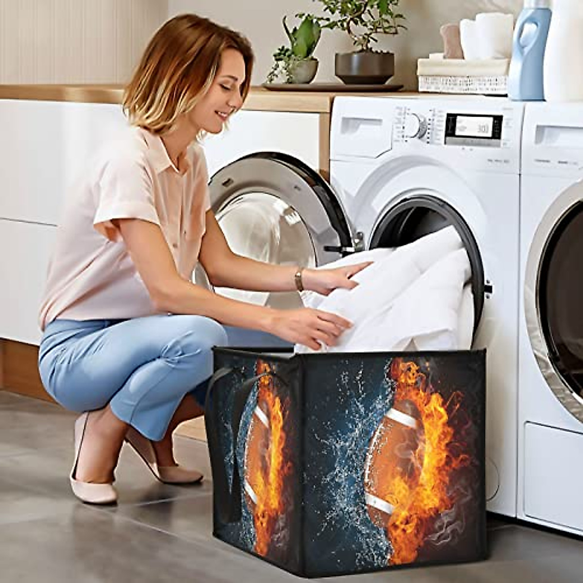 Blueangle Water Fire Football Cube Storage Bin with Handles, 10.6 x 10.6 x 10.6 in, Large Collapsible Organizer Storage Basket for Home Décor（1031）