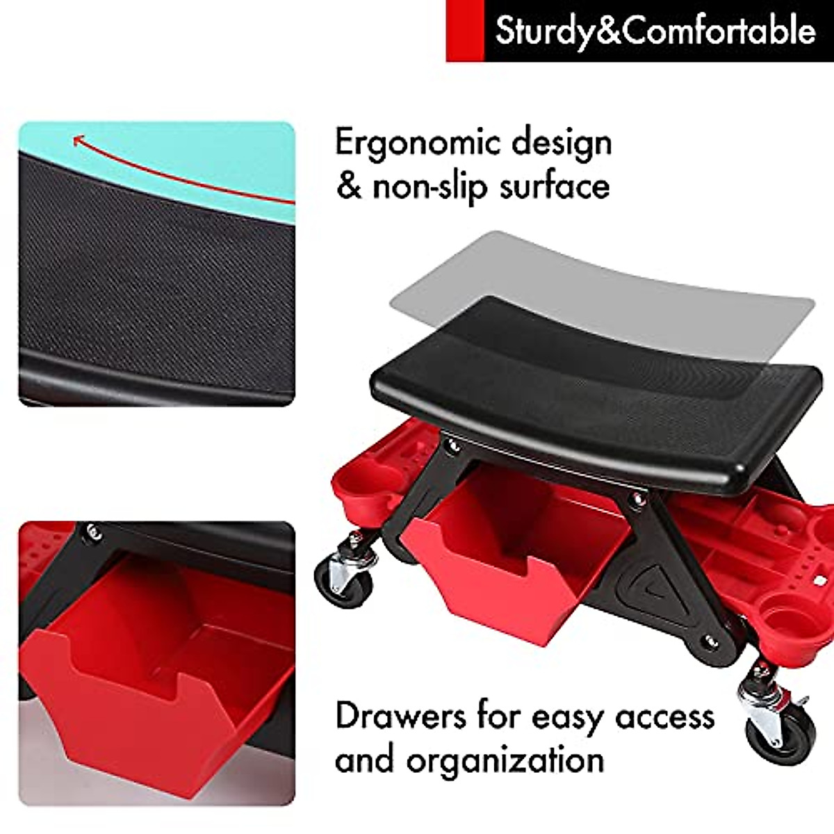 Flieeya Mechanic Stool Heavy Duty Roller Mechanics Seat Creeper Seat Garage Roller Car Detailing Stool Seat Garage Seats with Slide Out Tool Trays and Drawer, Brake Stool, 300 LB Capacity