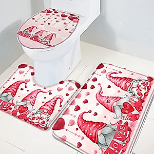 Valentines Gnome Bathroom Rugs Sets Love Heart Pink Bath Mats Set with Toilet Lid Cover Non Slip Bathroom Mat, U-Shaped Contour Toilet Mat, 3 Piece Bathroom Rugs for Valentiens Day Decor Red Pink Mat