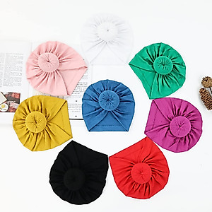 8 Pack Solid Green Blue Red Pink Gray Large Donut Ball Knot Bow Cotton Beanie Turban Hat Cap India Muslim Islamic Headwrap Winter Hospital Nursery for Newborn Baby Girl Infant Toddler Kids